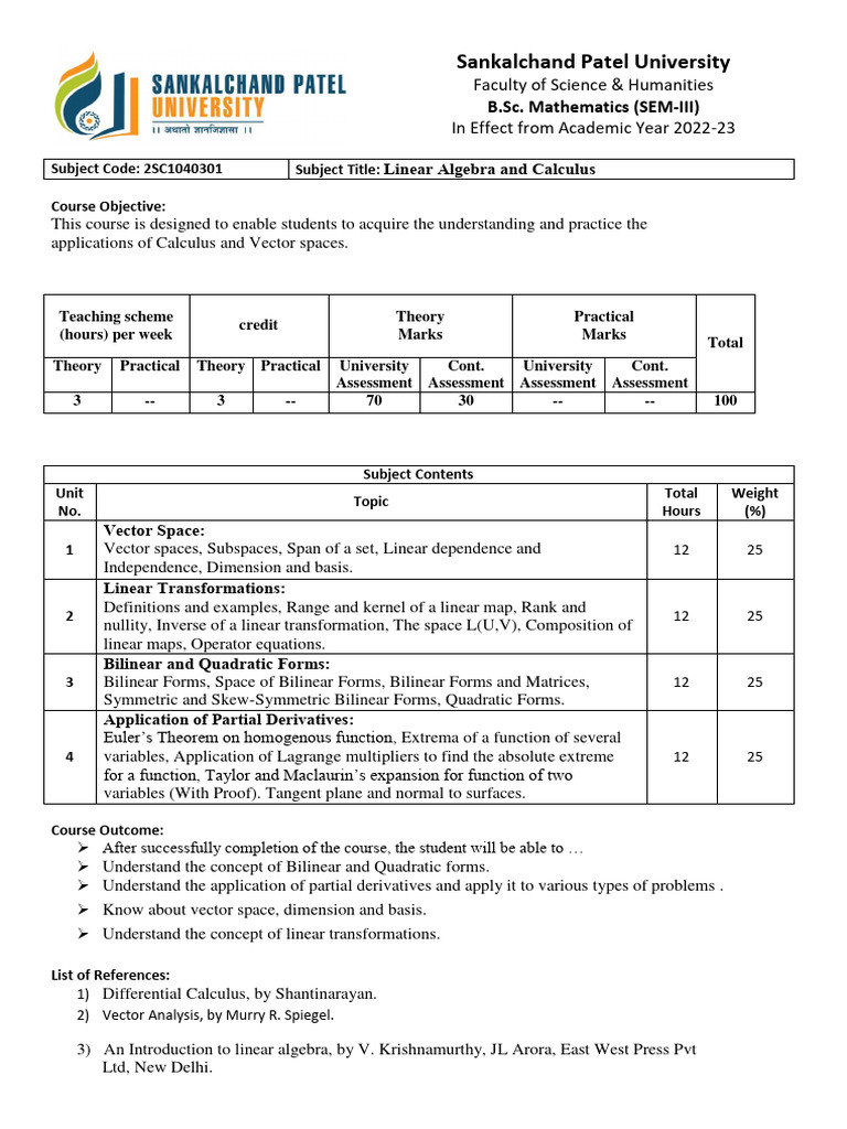 2SC1040301 Linear Algebra and Calculus | PDF