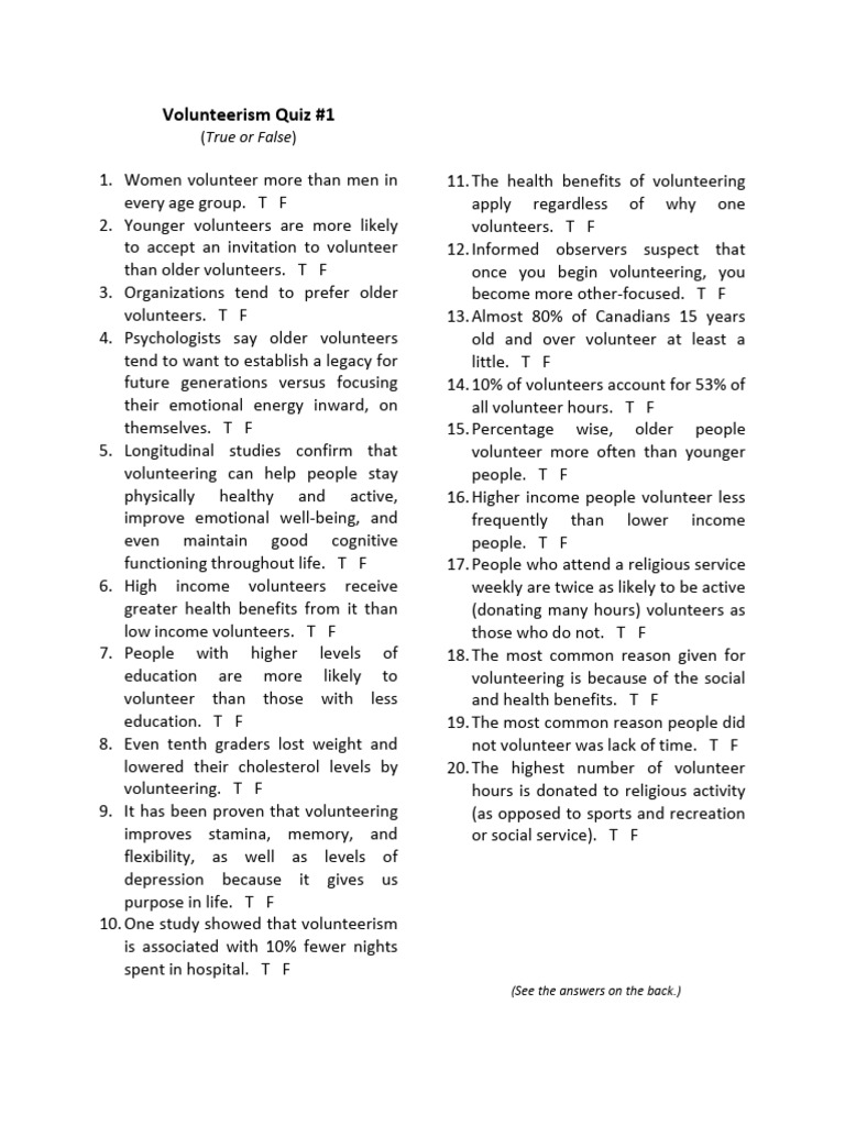 Benefits of Volunteering Quiz | PDF | Social Science | Self-Improvement
