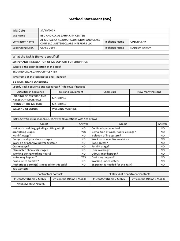 Method Statement (BED AND CO) | PDF