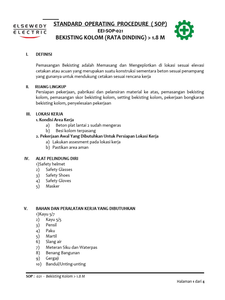 SOP Bekisting Kolom Di Ketinggian | PDF | Teknologi & Rekayasa