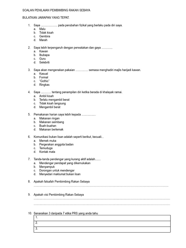 Soalan Penilaian Pembimbing Rakan Sebaya | PDF