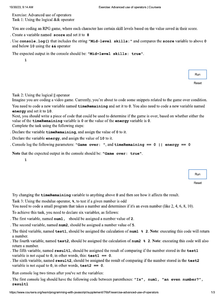 Exercise - Advanced Use of Operators - Coursera | PDF