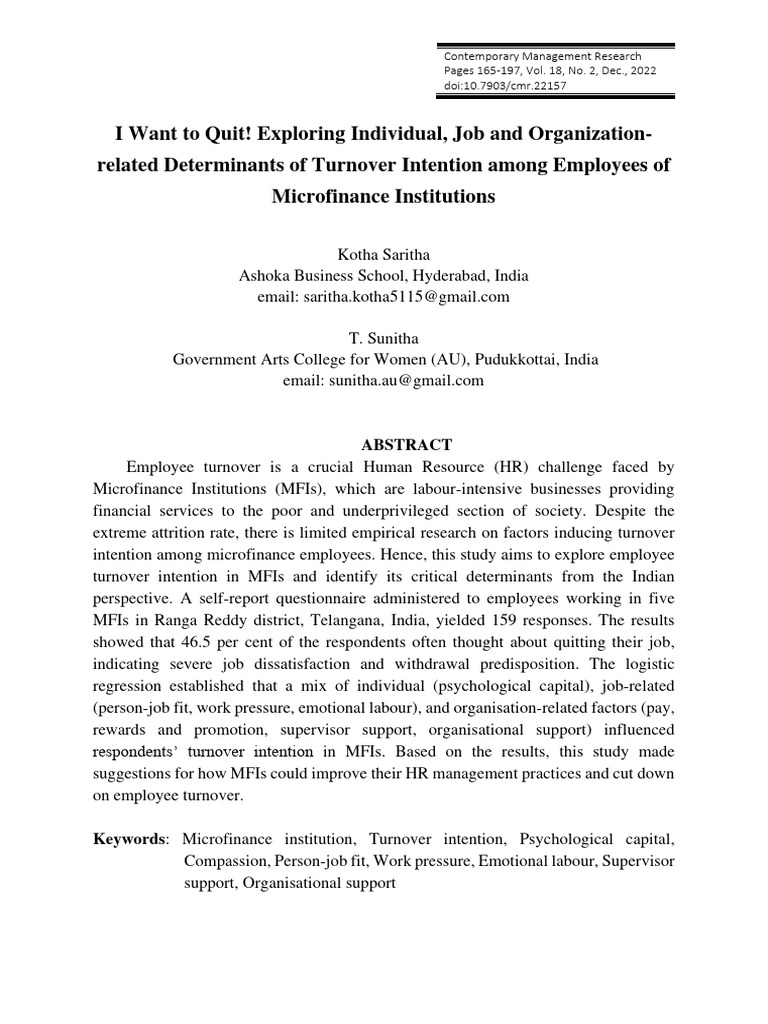 Determinants of Turnover Intention Among Employees of MFI | PDF