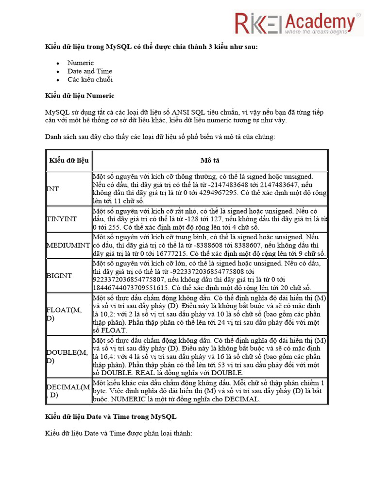 3.Kiểu dữ liệu trong MySQL | PDF
