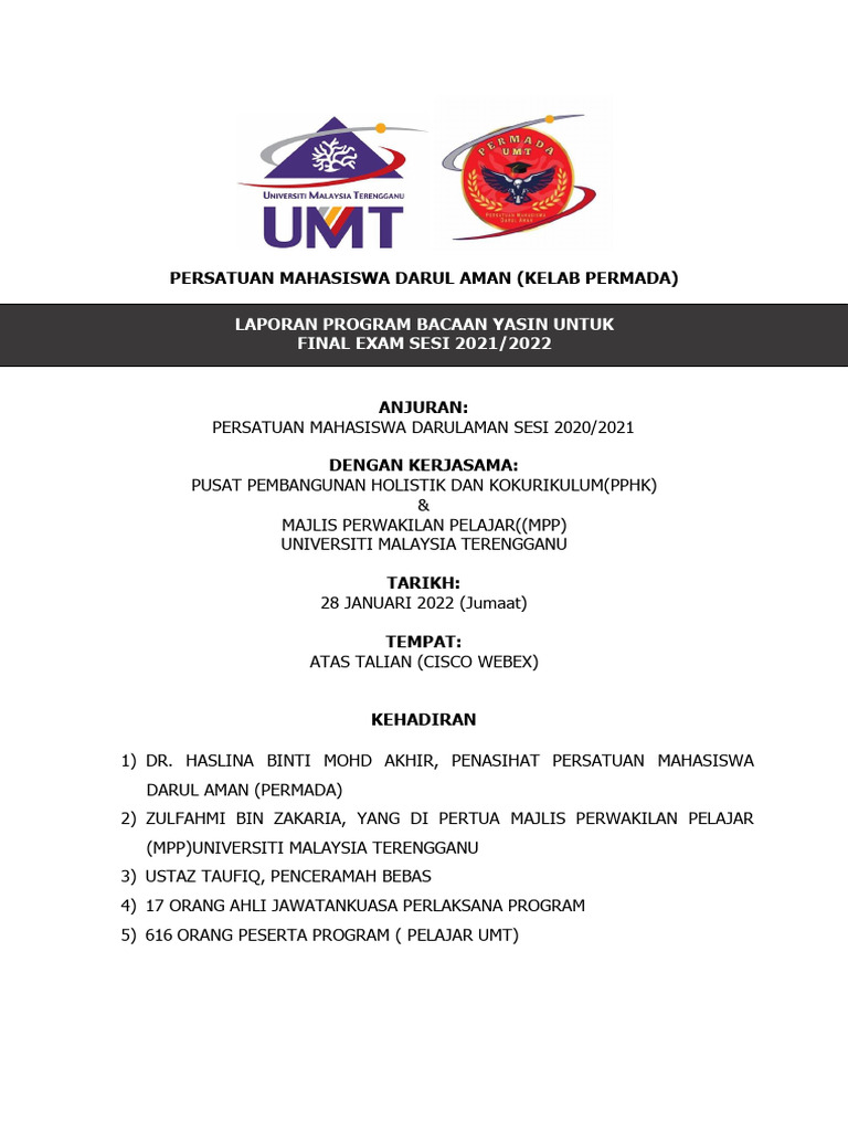 Laporan Pelaksanaan Program Bacaan Yassin Permada | PDF