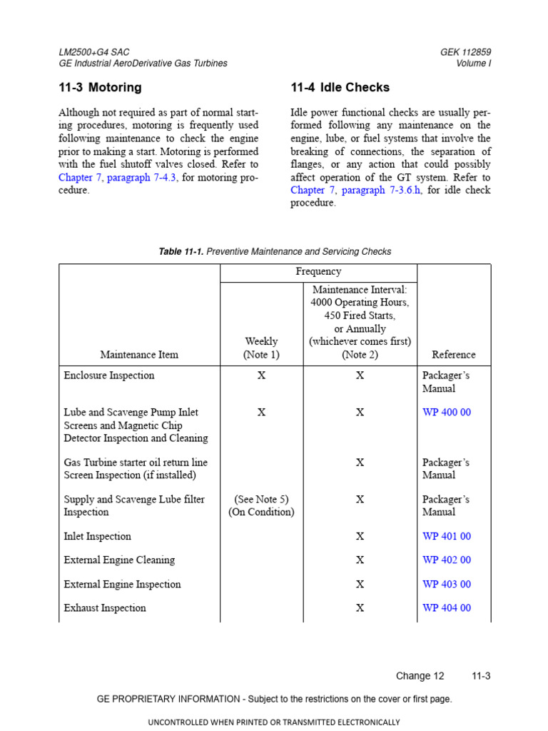 TM2500 Preventive Maintenance - Table 11-1 - GEK 112859 (Information ...