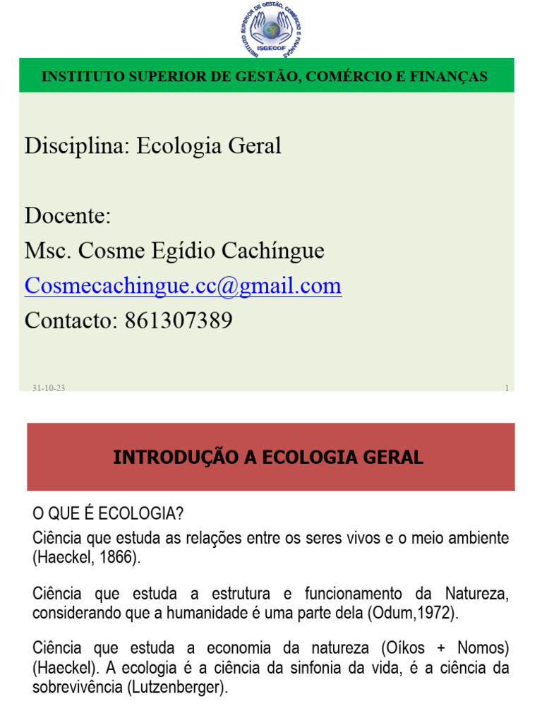 Aula I de Ecologia Geral - Historico-Da-Ecologia - Isgecof | PDF
