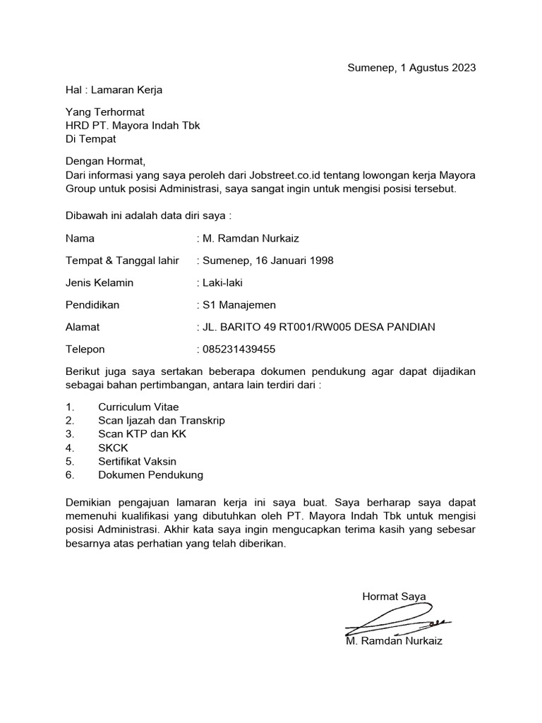Surat Lamaran Kerja - PT. Mayora Indah TBK | PDF | Bisnis
