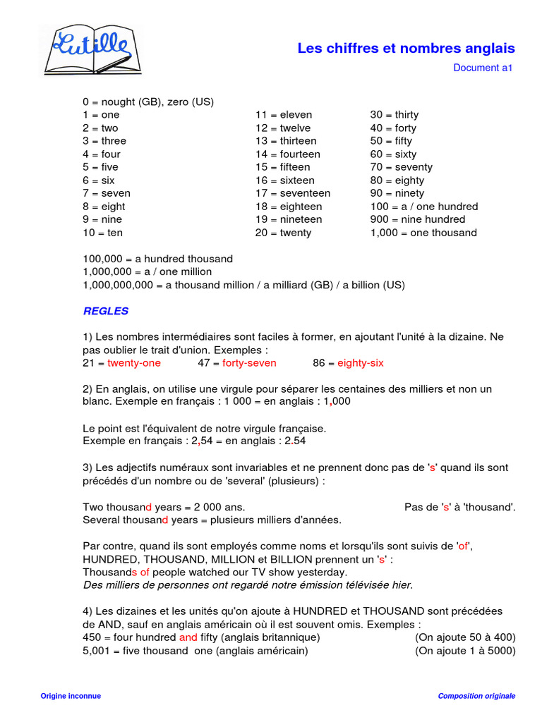 Les Chiffres Et Nombres Anglais: Regles | PDF