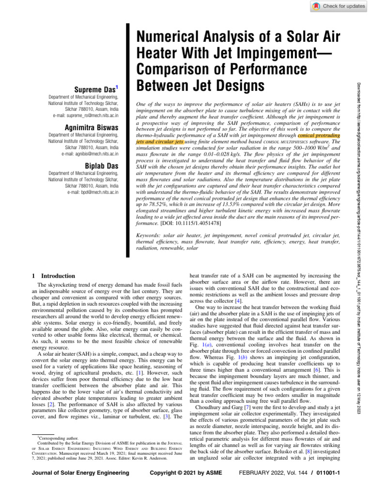 Numerical Analysis of A Solar Air Heater With Jet Impingement ... Numerical Analysis of A Solar Air Heater With Jet Impingement ...