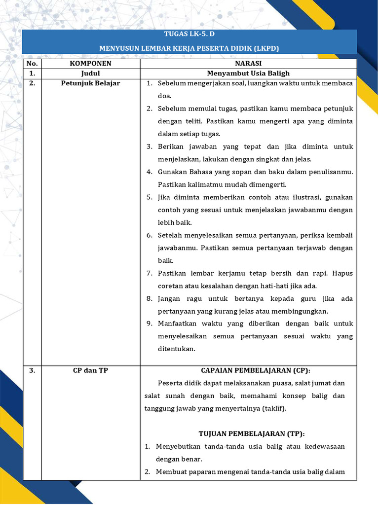 LKPD Menyambut Usia Baligh SD Kelas 4 | PDF