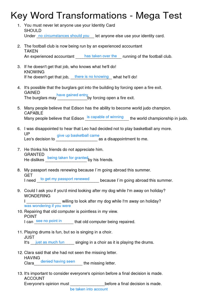 Key Word Transformations Practice Test | PDF
