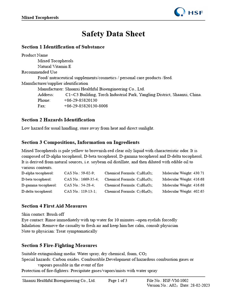 HSF-MSDS-Mixed Tocopherols | PDF