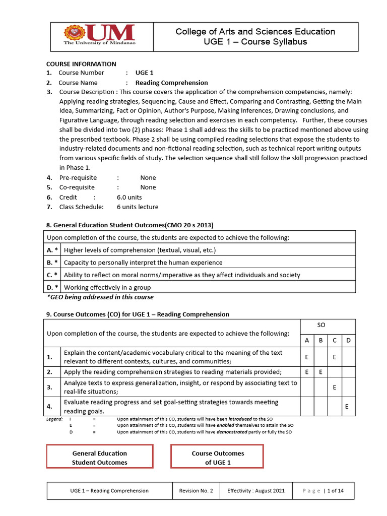 Reading Comprehension Course Syllabus | PDF