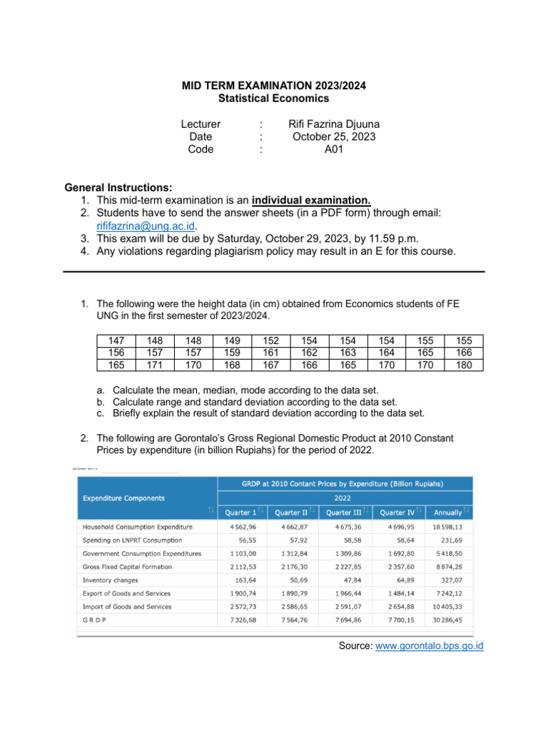 Statistical Economics Midterm 2023 | PDF