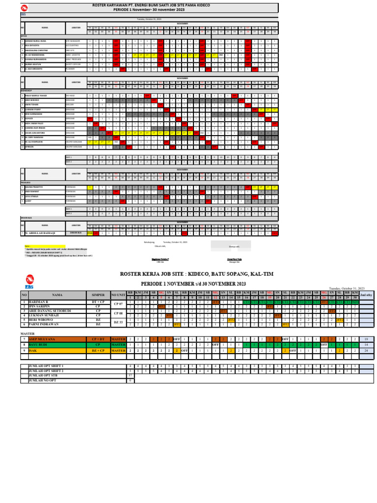 Roster Kerja Karyawan November 2023 | PDF