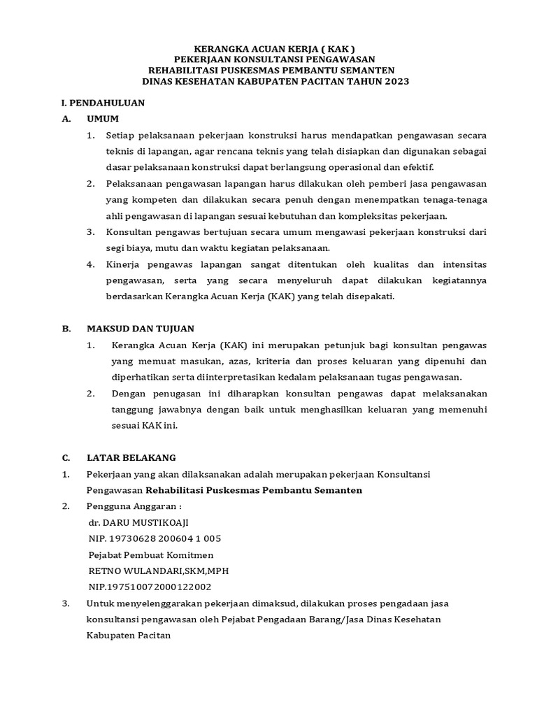 KAK PENGAWASAN Rehab Pustu SEMANTEN | PDF