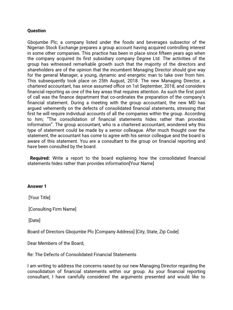 Case Study Question and Answer On Consolidated Financial Statement | PDF