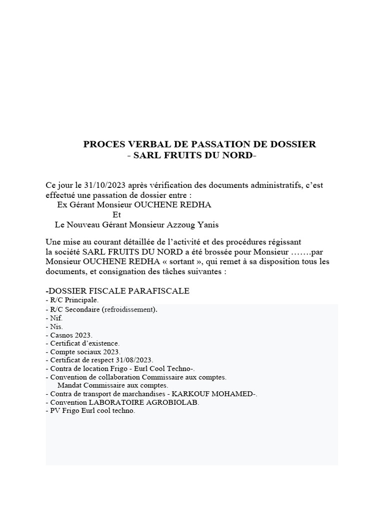 Proces Verbal de Passation de Dossier | PDF