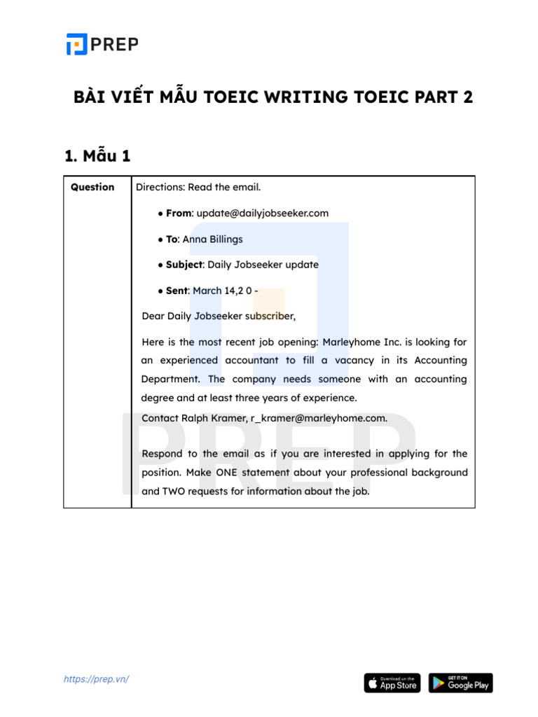 (PREP sưu tầm) Bài mẫu Writing TOEIC Email | PDF