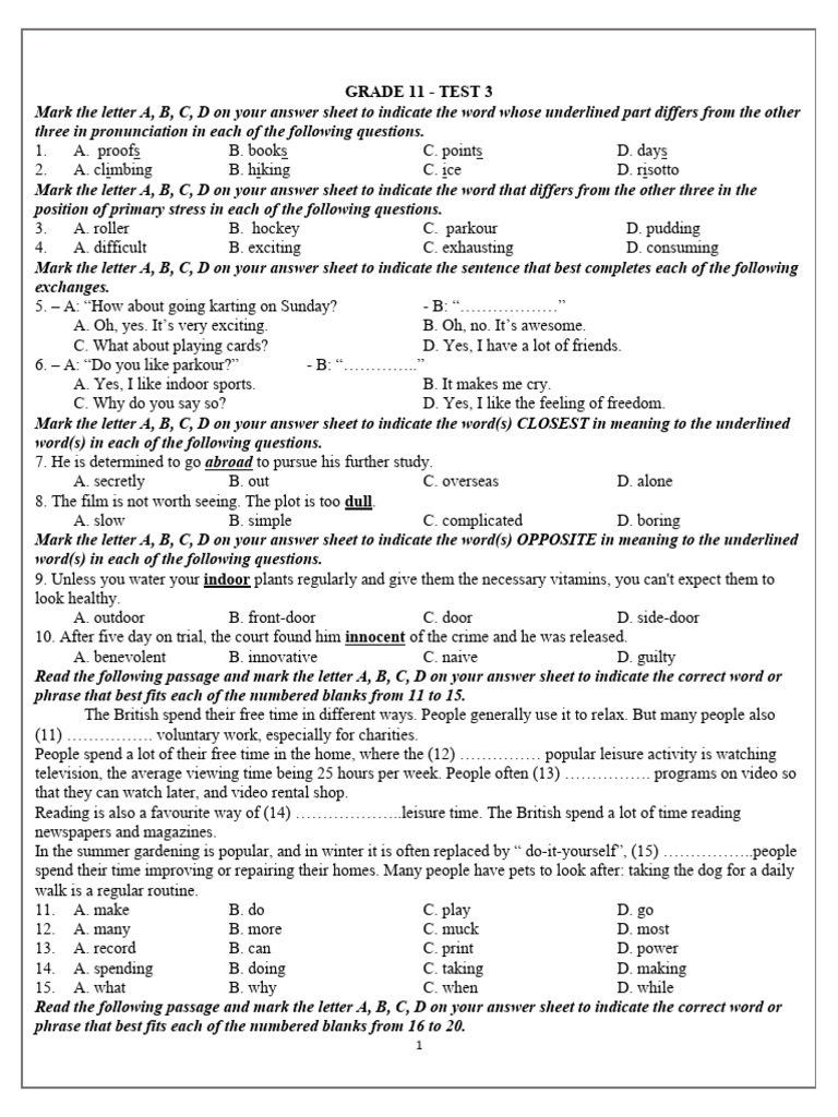 GRADE 11 - UNIT 2 - TEST 1 - ĐỀ | PDF