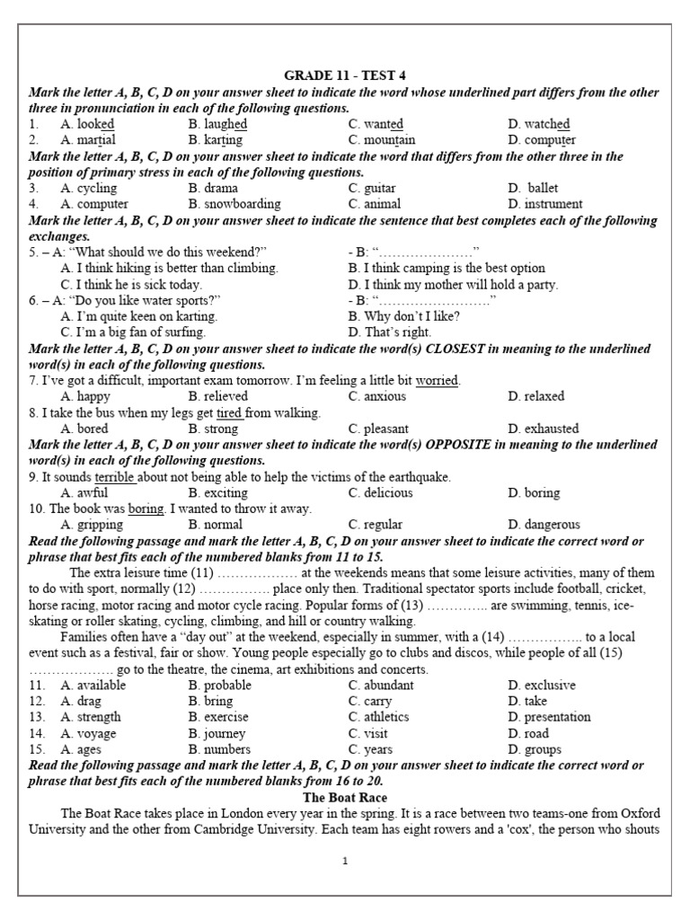 GRADE 11 - UNIT 2 - TEST 2 - ĐỀ | PDF