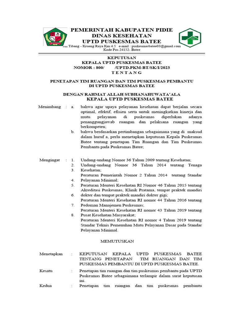 Contoh SK Tim Ruangan PKM Batee 2023 | PDF