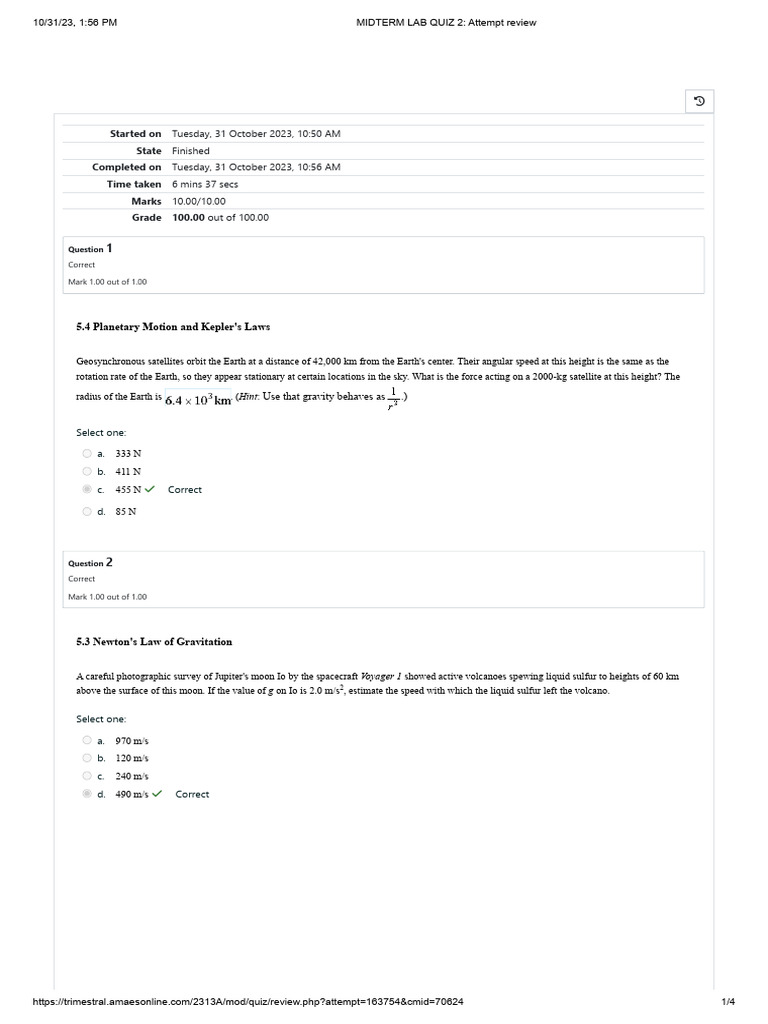 MIDTERM LAB QUIZ 2 - Attempt Review 100% Physics | PDF | Teaching Methods & Materials | Science ...