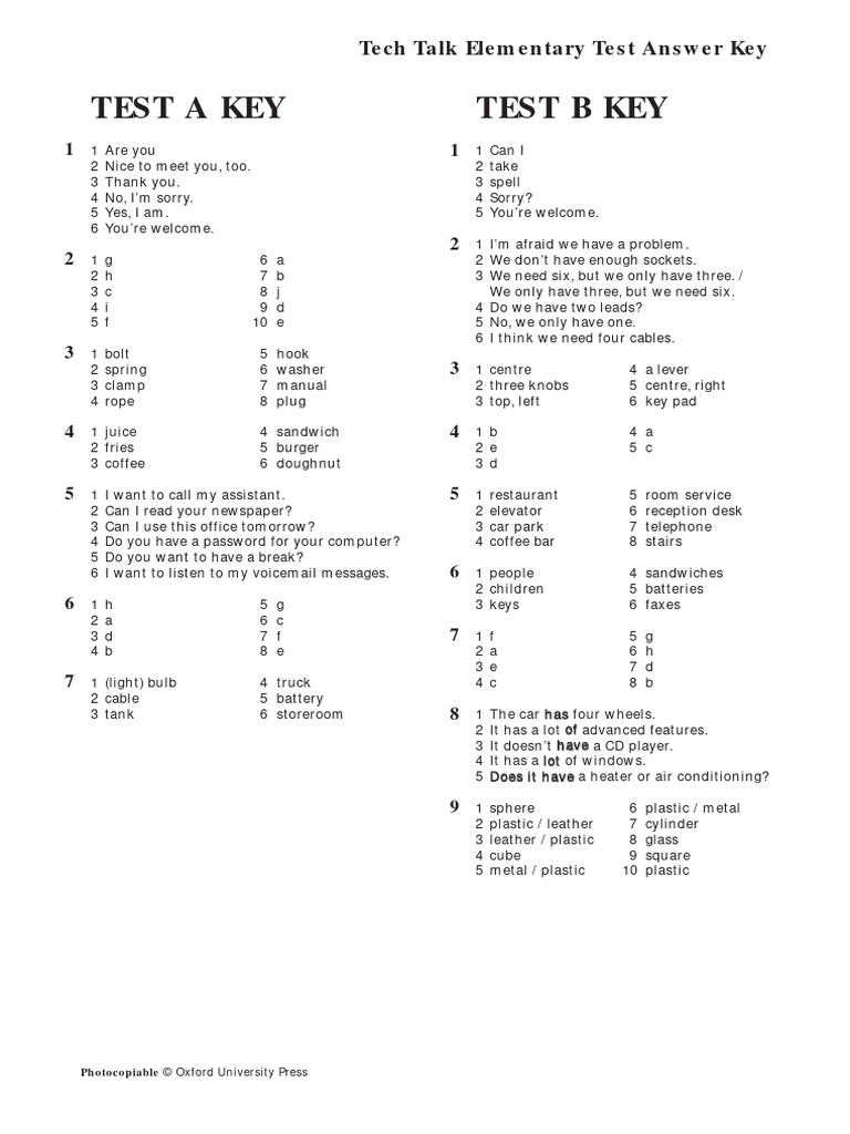 TT Elem Test Key | PDF