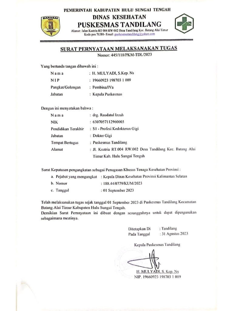 SPMT Drg. Raudatul Izzah (PKM Tandilang HST) | PDF