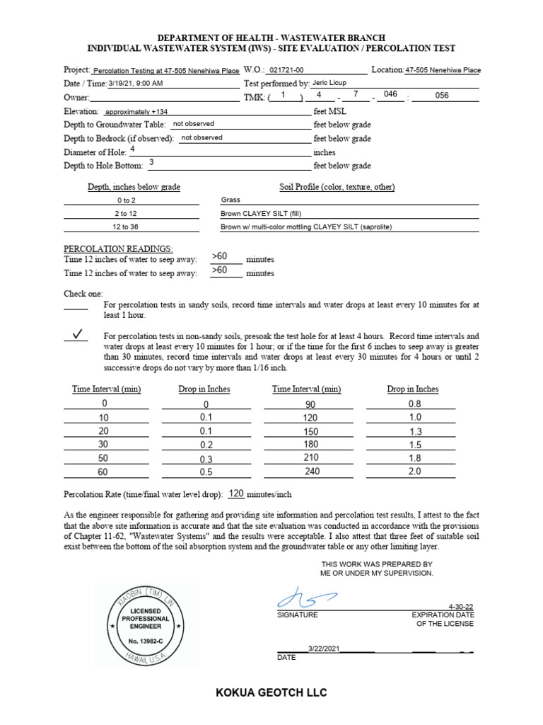 Percolation Test Form - Doh1 (737605) | PDF