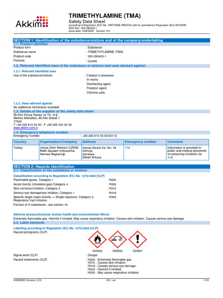 Trimethylamine (Tma) : Safety Data Sheet | PDF