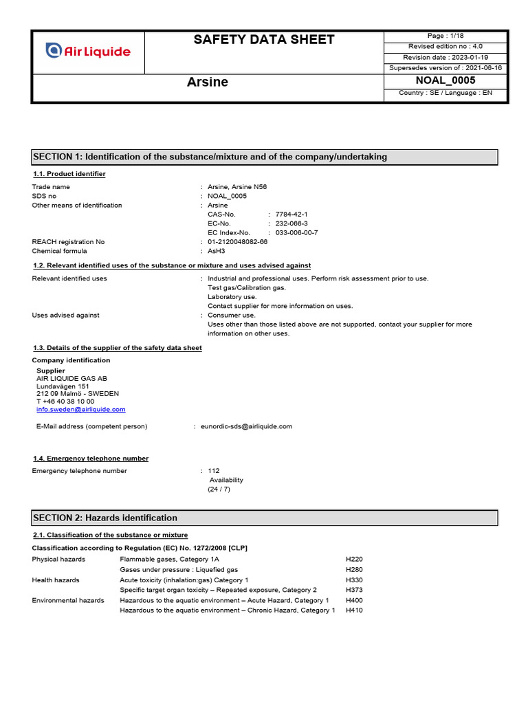 Arsine Safety Data Sheet 2023 | PDF
