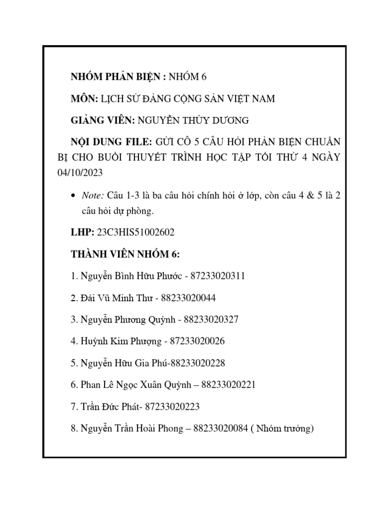 Câu Hỏi Phản Biện Nhóm 6 - Môn Lịch Sử Đảng CSVN - Bản Chính Thức | PDF