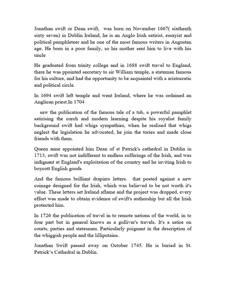 Jonathan Swift: Life and Works Overview | PDF