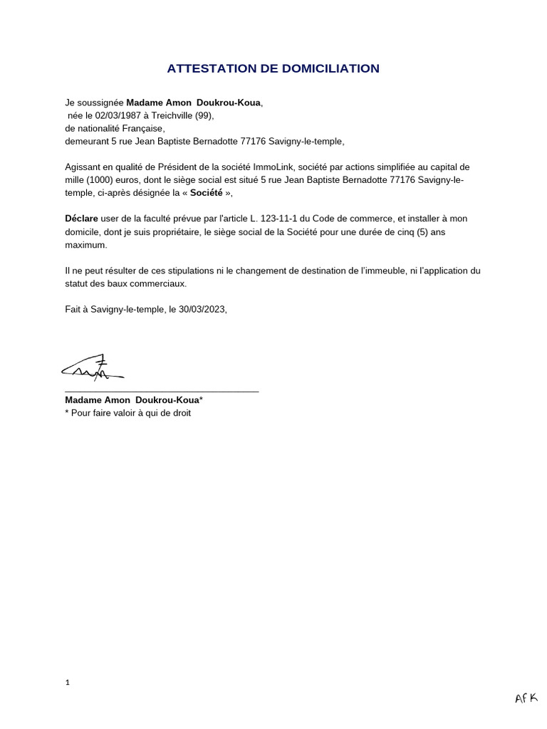 Attestation de Domiciliation (Signé) | PDF