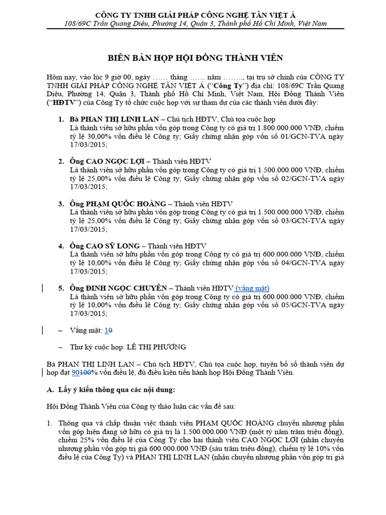 Bien Ban Hop Hoi Dong Thanh Vien Cong Ty 2 | PDF