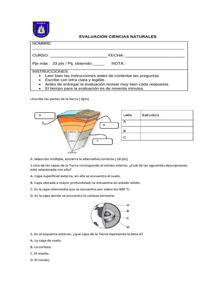 EVALUACIÓN CIENCIAS NATURALES CAPAS DE LA TIERRA | PDF | Tierra | Geofísica