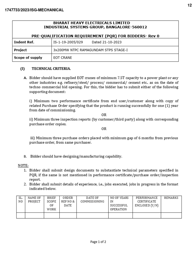 EOT Crane Bid Requirements for NTPC | PDF | Business | Technology & Engineering