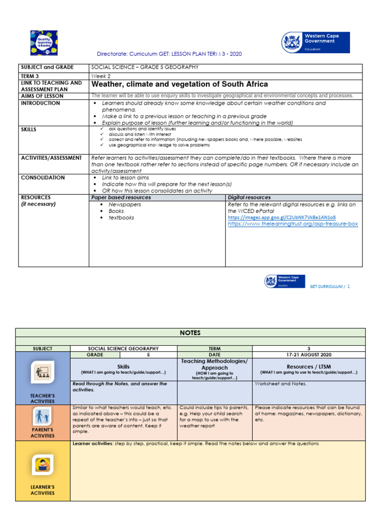 Lesson Plan GET IP Grade 5 Social Science Geography Term 3 Week 2 | PDF