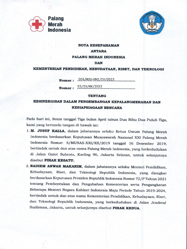 MoU PMI - Kemendikbudristek 2023 | PDF