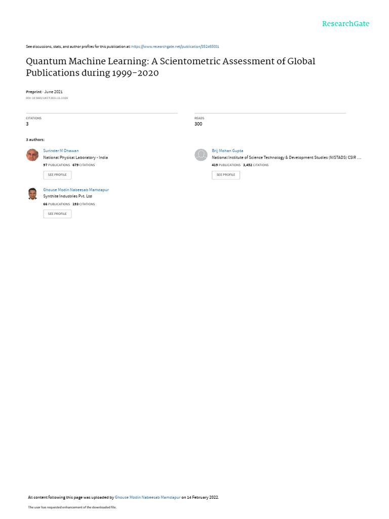 Quantum Machine Learning: A Scientometric Assessment of Global Publications During 1999-2020 ...