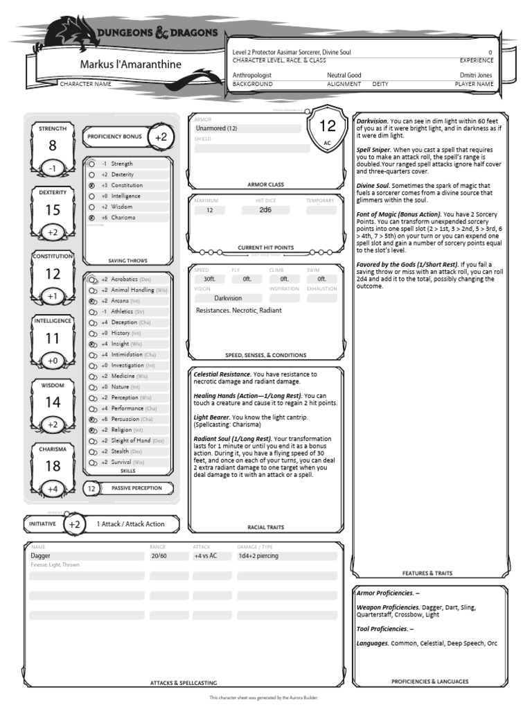 D&D Character Sheet (Marks L'amaranthine LVL2) | PDF