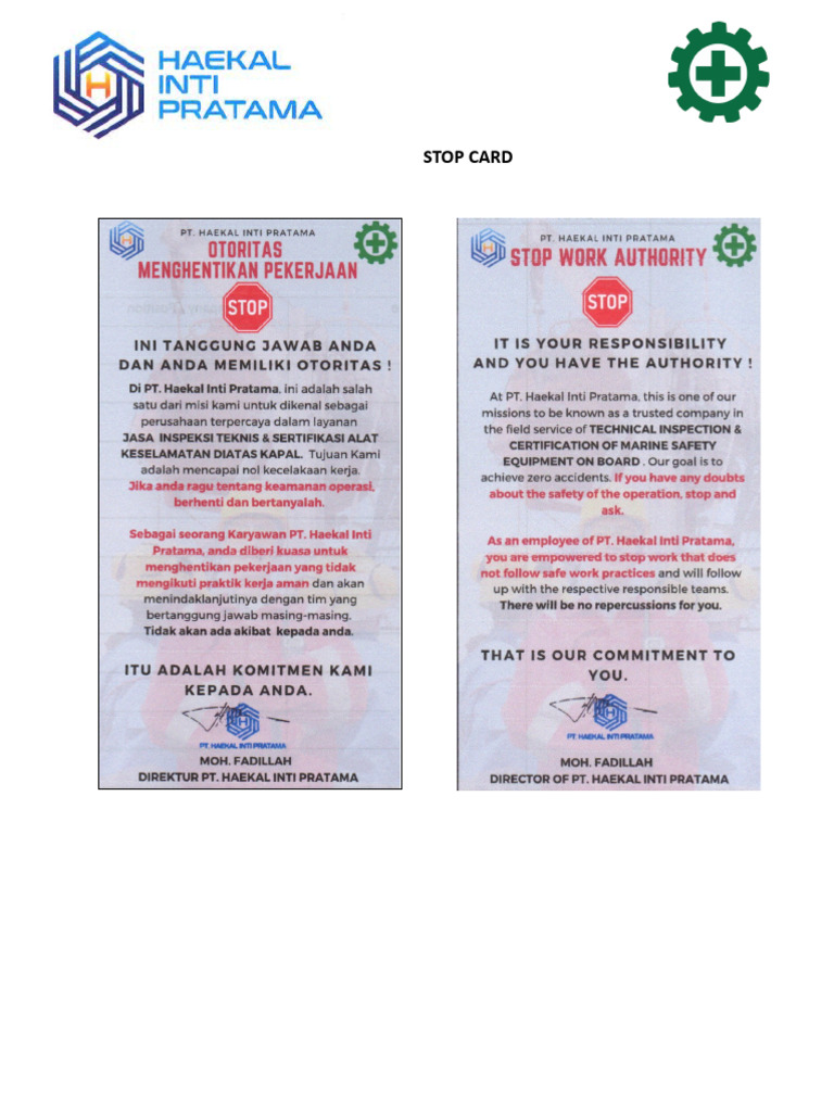 Contoh Stop Card HSE | PDF