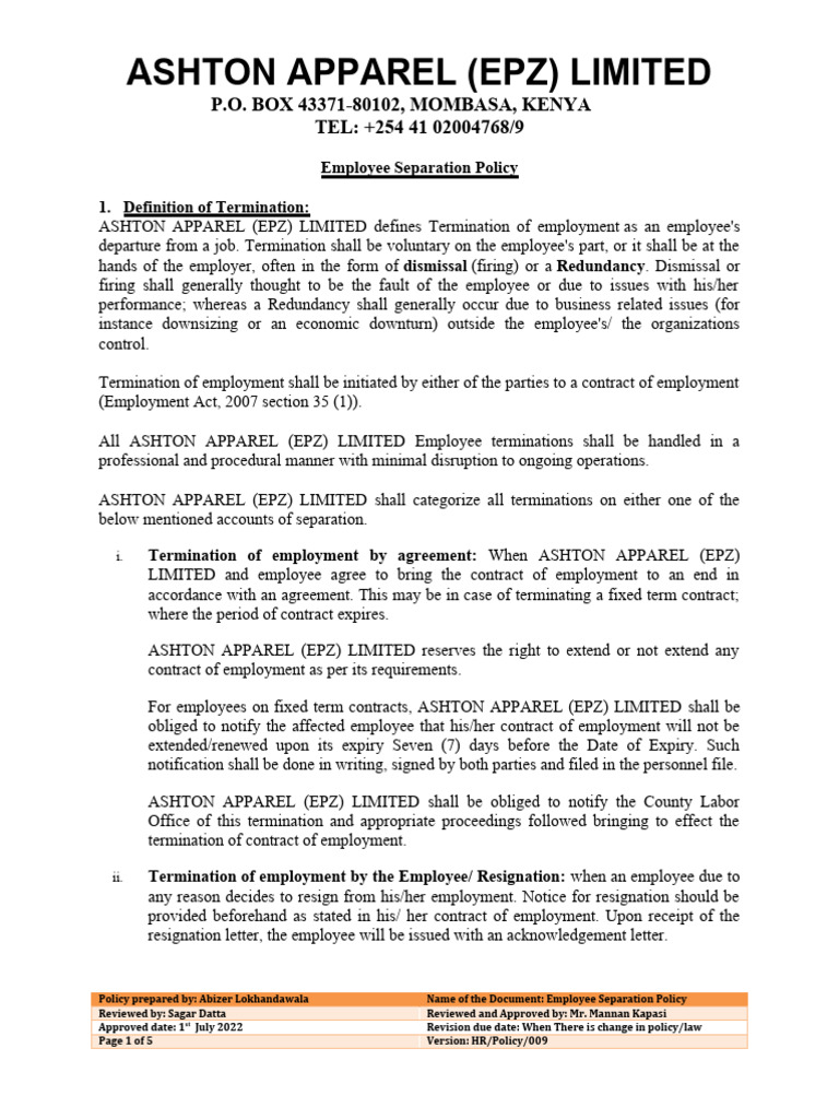 No. 009 - AS Employee Separation Policy | PDF