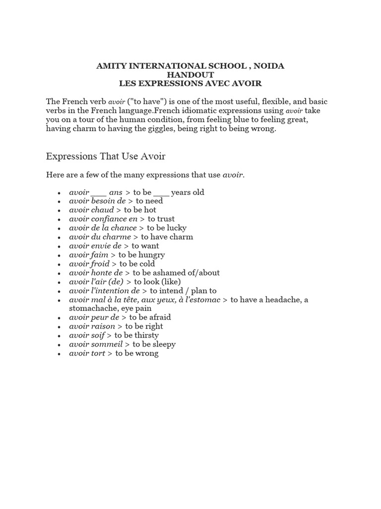 Les Expressions Avec Avoir | PDF