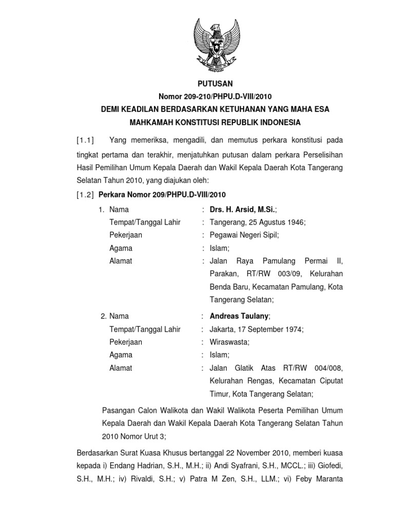 Putusan - Sidang - Putusan Perkara Nomor 209-210.PHPU.d-viII.2010 Telah ... Putusan - Sidang - Putusan Perkara Nomor 209-210.PHPU.d-viII.2010 Telah ...