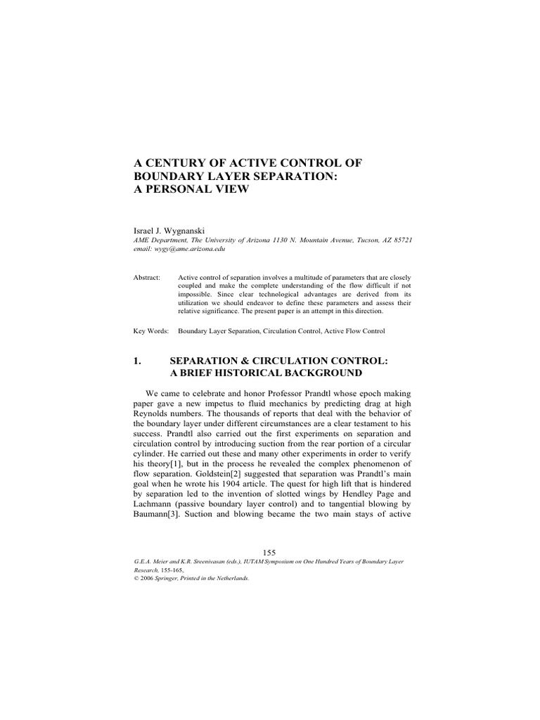 A Century of Active Control of Boundary Layer Separation: A Personal View | PDF
