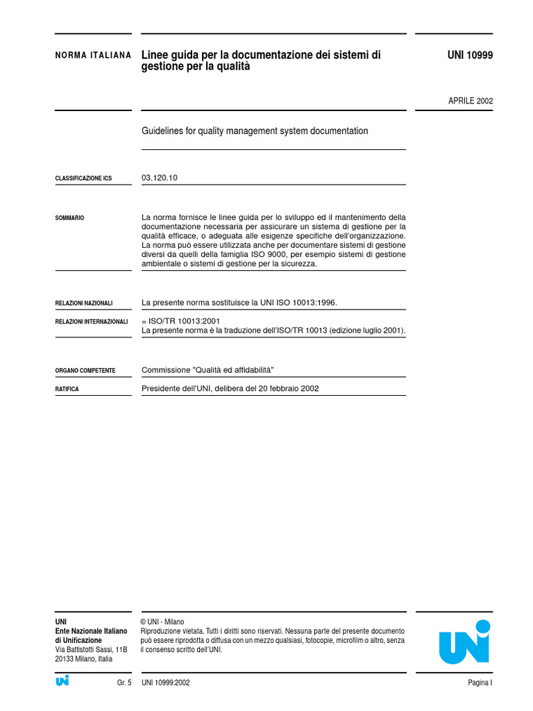 Uni 10999 Documentazione SGQ | PDF