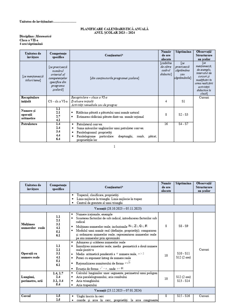 Mate - Info.Ro.5572 PLANIFICARE 2023-2024 - MATEMATICA - CLASA A VII-A ...